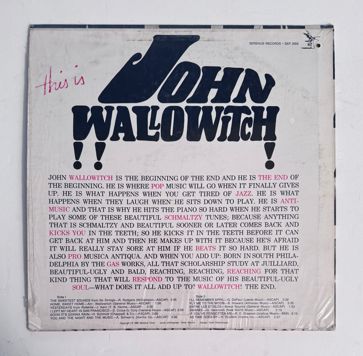 THIS IS JOHN WALLOWITCH VINYL - ANDY WARHOL PHOTOGRAPH - Original ...